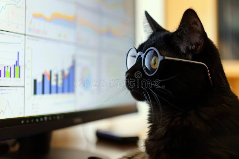 A Black Cat with Glasses in Front of a Computer Screen Displaying ...