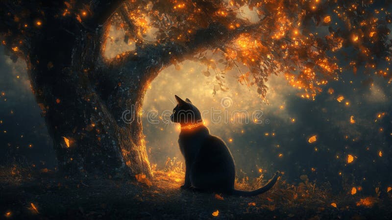 Black Cat with Glowing Collar Under a Tree with Fireflies Stock ...