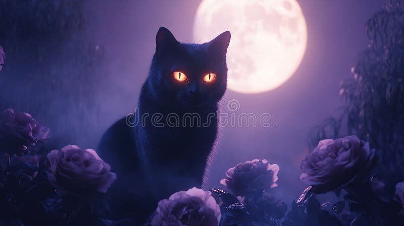 Black Cat with Glowing Eyes in Moonlight Rose Garden Stock Photo ...