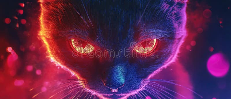 BLACK CAT with GLOWING RED EYES in NEON LIGHTS Stock Illustration ...