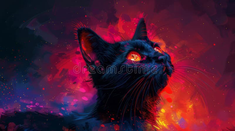 Black Cat with Glowing Red Eyes in a Vibrant Cosmic Setting Stock Image ...