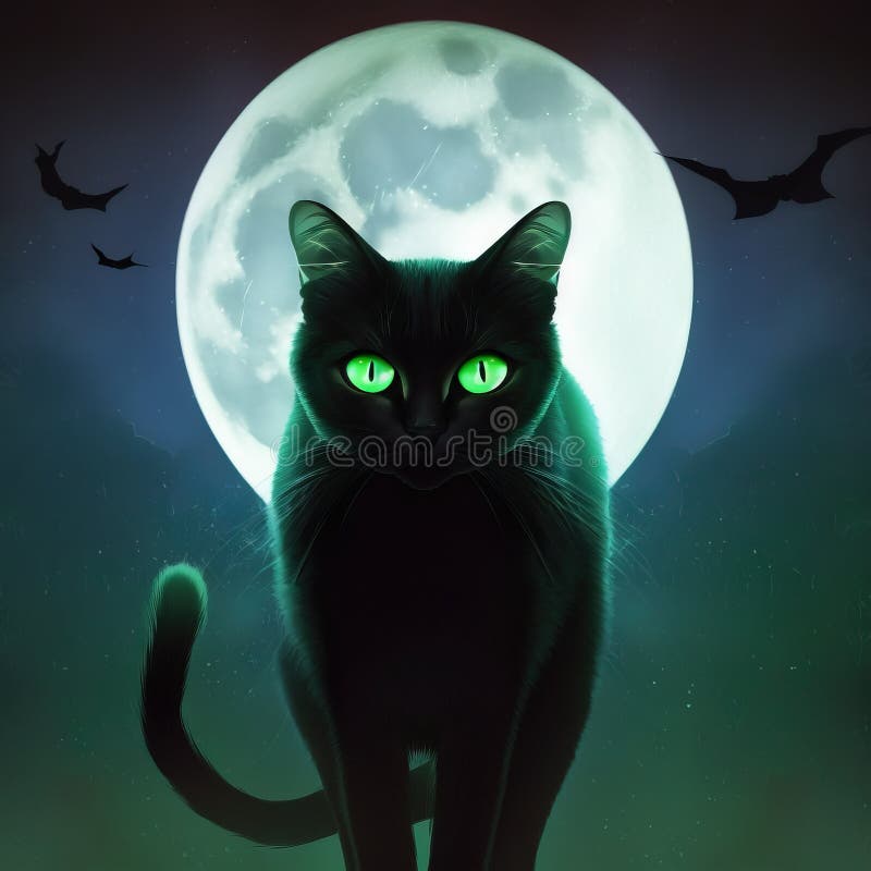 A Black Cat with Green Eyes Sitting in Front of a Full Moon with Bats ...