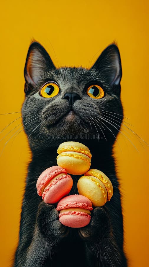 A Black Cat Holding a Bunch of Macarons in Its Paws Stock Image - Image ...
