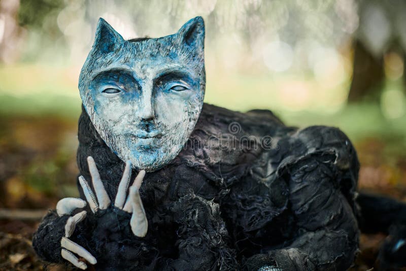 Black Cat In Human Face Mask Art Object Outdoor Art Exhibition In