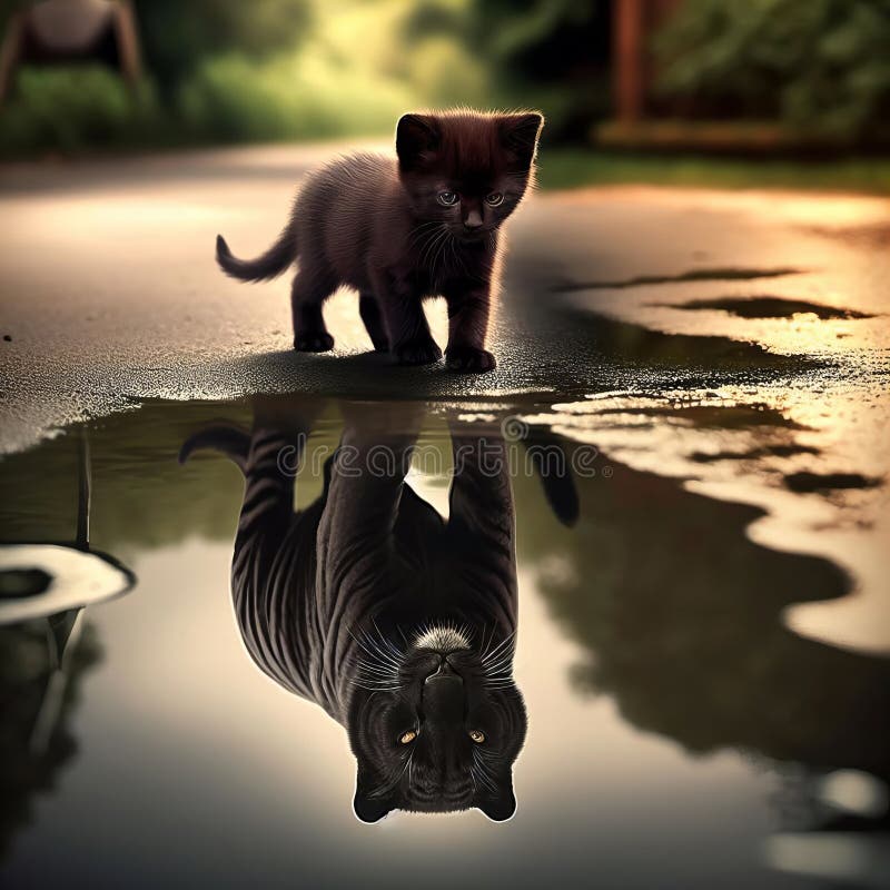 A Black Cat and Its Reflection in a Puddle Stock Image - Image of ...