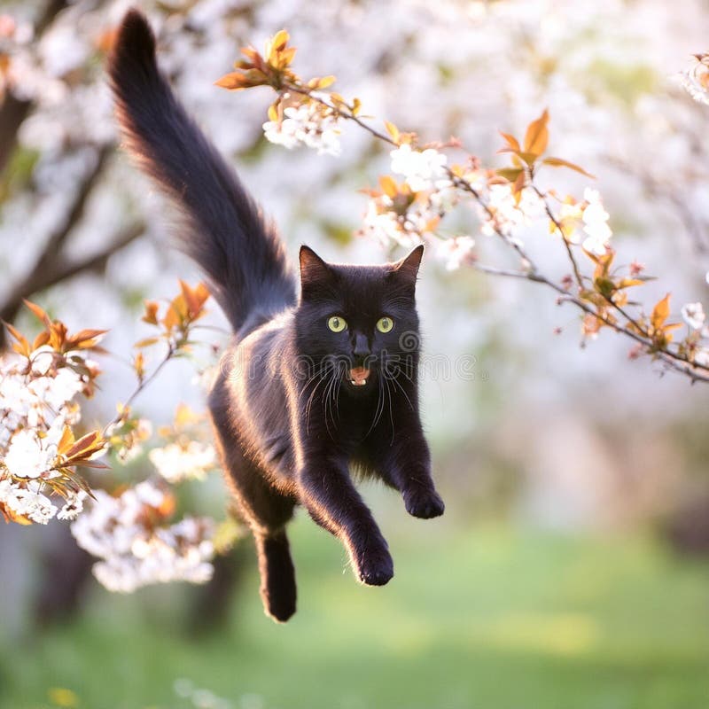 A Black Cat Jumping from Tree in the Garden, AI Generated Stock ...