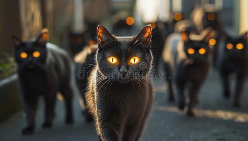 Black Cat Leading Pack of Strays with Glowing Eyes Stock Image - Image ...