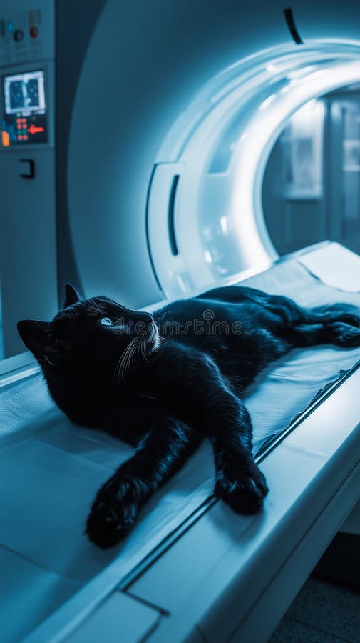Black Cat Lies Patiently on the Bed of a Modern MRI or CT Scanner ...