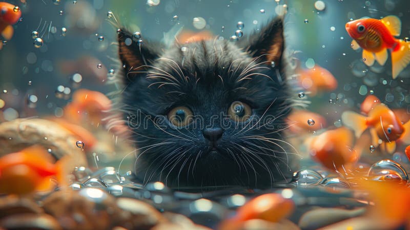 A Black Cat is Looking at the Camera in a Fish Tank Stock Photo - Image ...