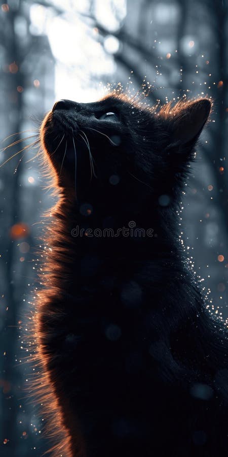 A Black Cat Looking Up into the Sky, Animalistic Wallpaper Background ...