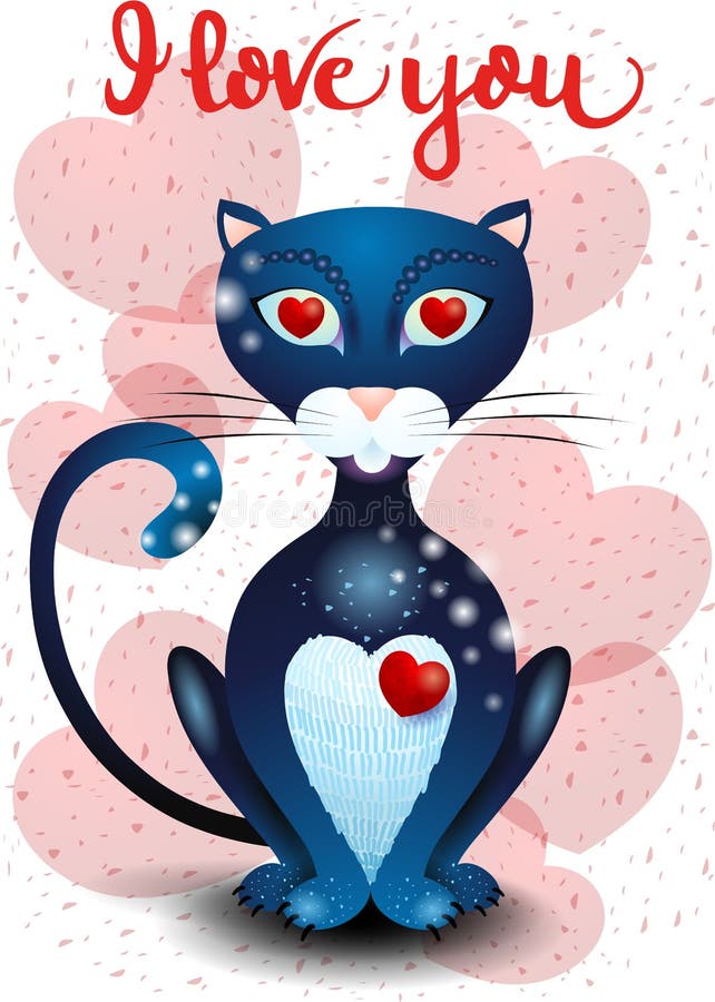 Black Cat in Love with Hearts and Text Stock Vector - Illustration of ...