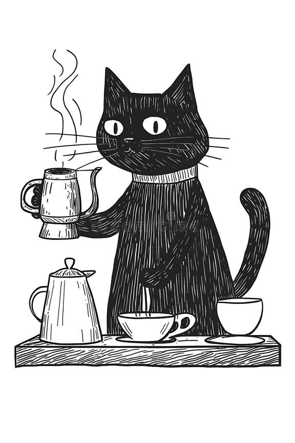 Black cat making coffee stock illustration. Illustration of happy ...