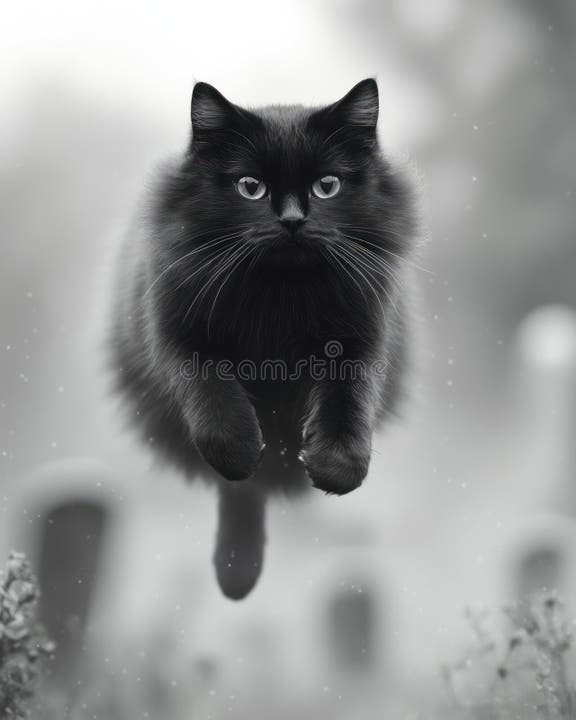 Majestic Black Cat Mid-Jump in B&W Stock Illustration - Illustration of ...
