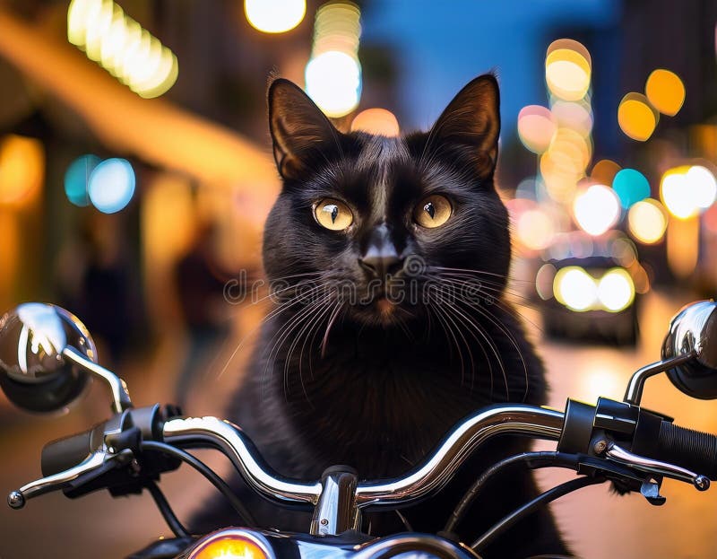 Black Cat on Motorcycle Night City. AI Generative Stock Illustration ...