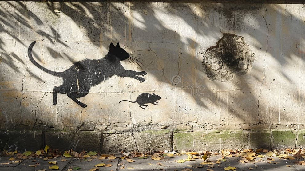 A Black Cat and a Mouse Painted on a Concrete Wall Stock Illustration ...