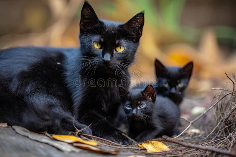 Black Cat with Newborn Litter of Kittens Stock Illustration ...