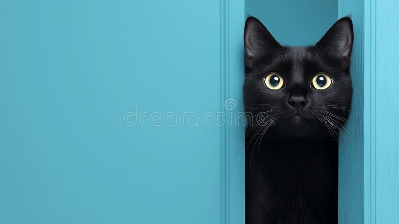 Black Cat Peeking through a Blue Door with Large Yellow Eyes Stock ...