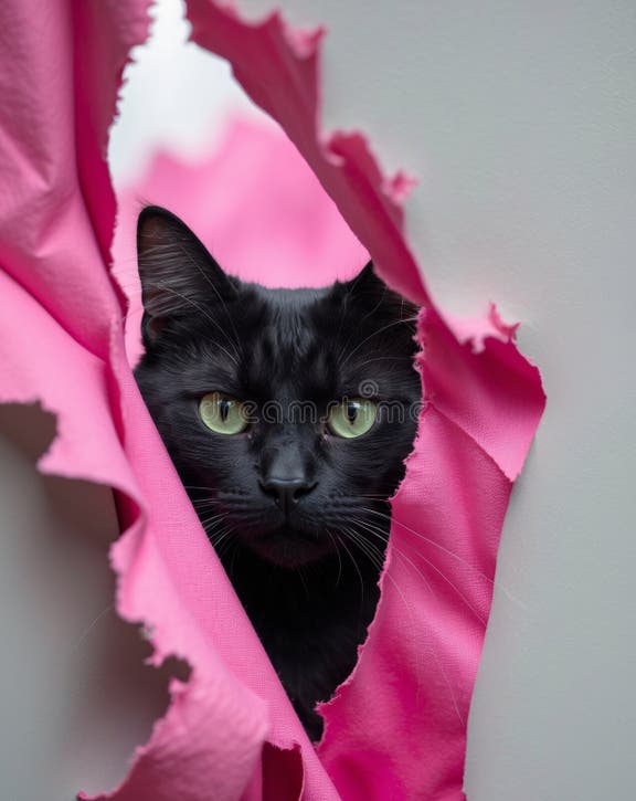 Black Cat Peeking through a Torn Pink Background Stock Image - Image of ...