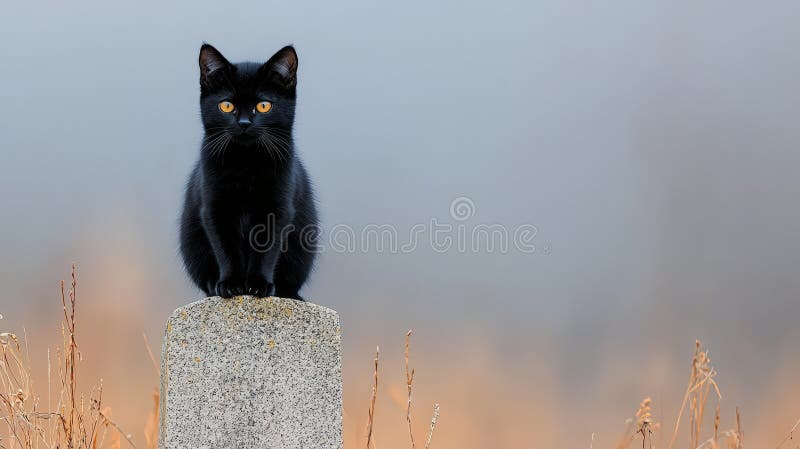 Black Cat Perched on a Concrete Pillar Against a Misty Background Stock Illustration ...