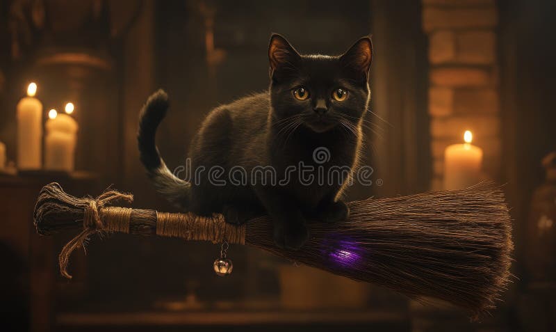 Black Cat Perched Confidently on a Witch S Broom Stock Image - Image of ...
