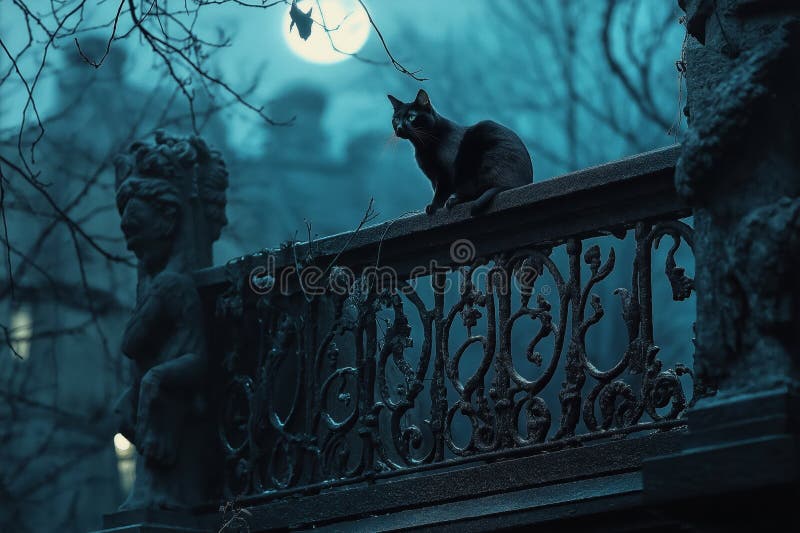 Black Cat Perched on Gothic Balcony Under the Full Moon, Surrounded by ...