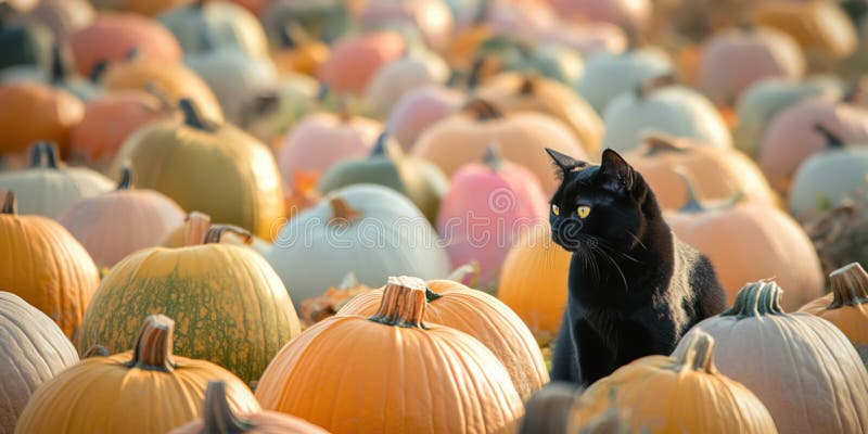 A Black Cat in a Pumpkin Patch Field, Autumn Scene Stock Illustration ...