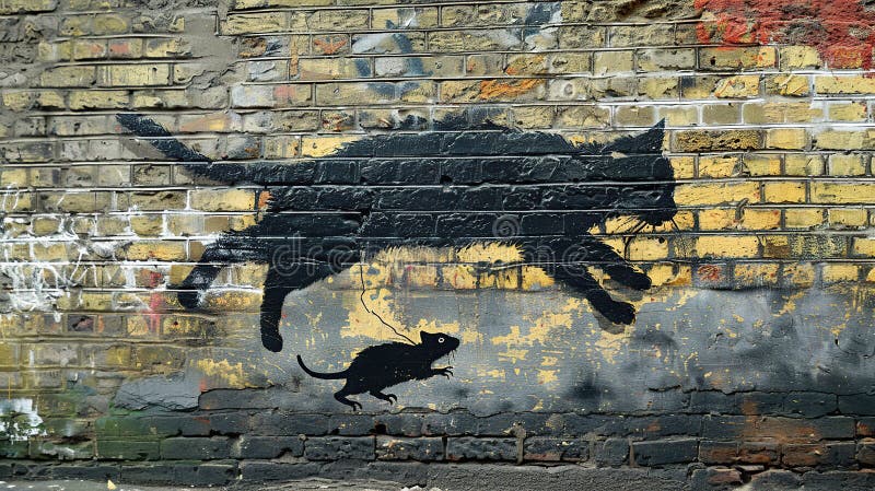 Black Cat and Rat Stencil Graffiti Art on a Brick Wall Stock ...