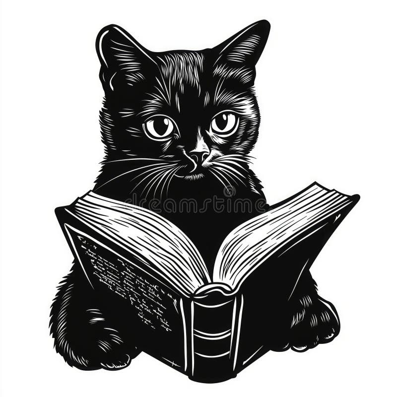 Black Cat Reading a Book in a Cozy Setting at Twilight, Expressing ...