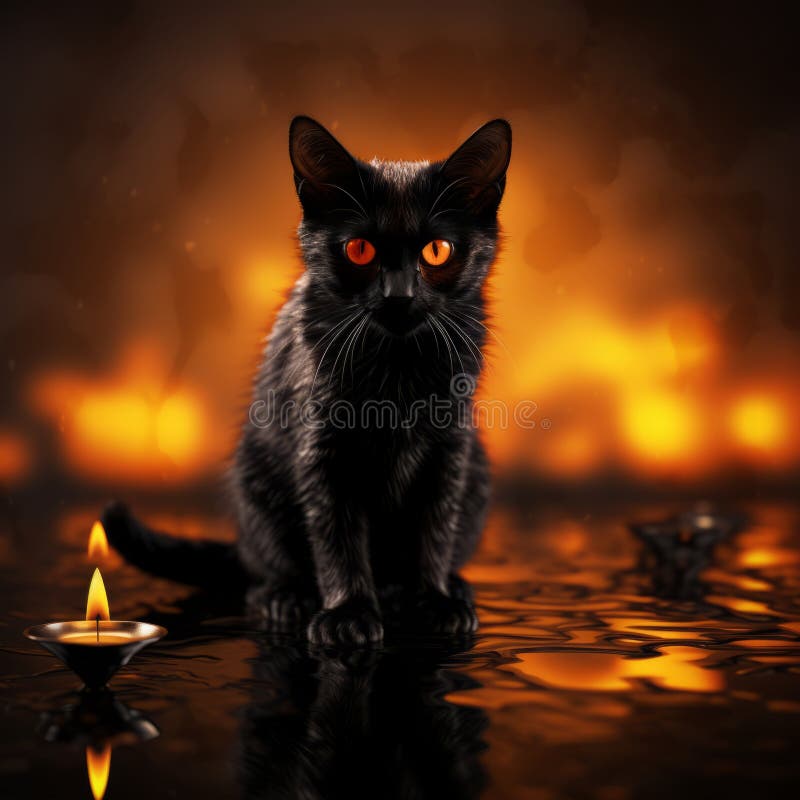A Black Cat with Red Eyes Sitting in Front of a Burning Candle Stock ...