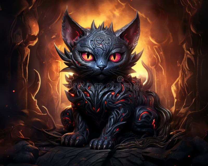 A Black Cat with Red Eyes Sitting in Front of a Fire Stock Illustration ...