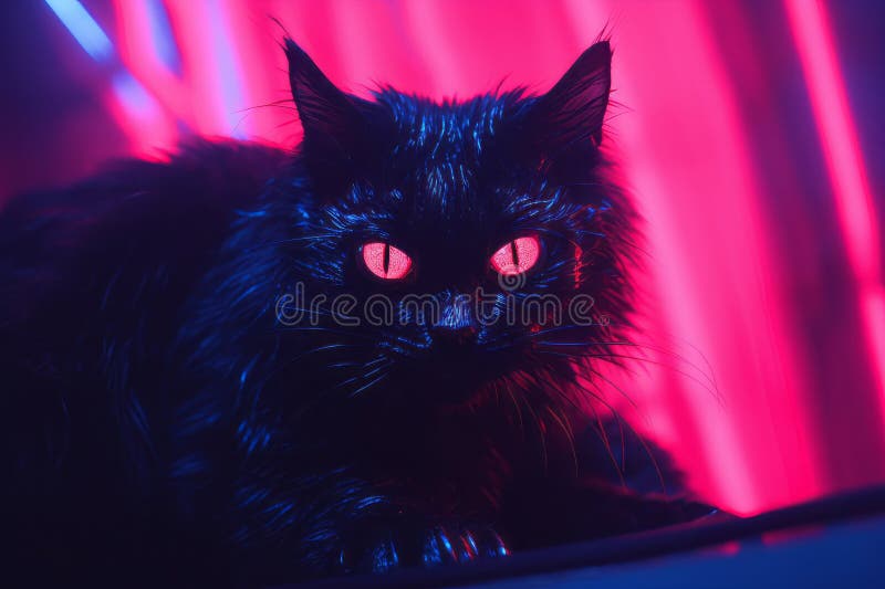 A Black Cat with Red Eyes Sitting in Front of a Neon Light Stock ...