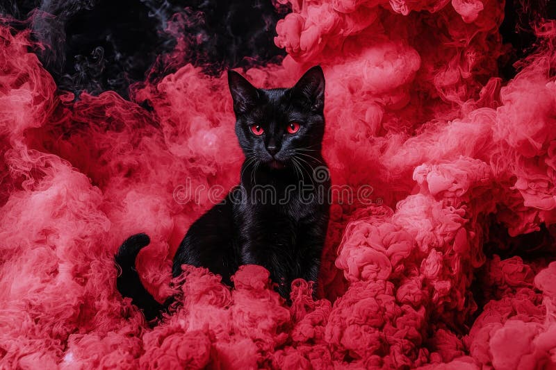 Black Cat with Red Eyes Sitting in Red Smoke Stock Illustration ...
