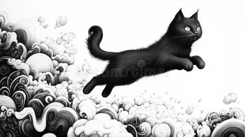 A Black Cat Running through a Wave of White and Blue, AI Stock Image ...