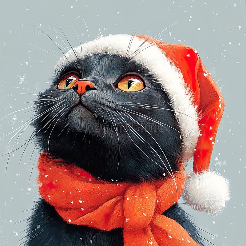 Black Cat in Santa Hat with Red Scarf in Falling Snowflakes, Looking ...