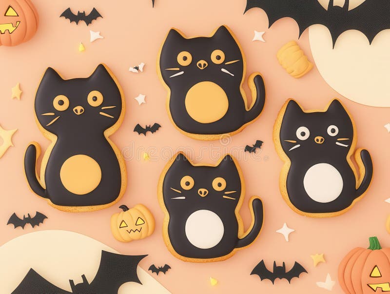 Black Cat Shaped Cookies, Halloween-themed Table, Flat Design ...