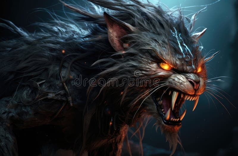 A Black Cat with Sharp Teeth Stock Illustration - Illustration of ...
