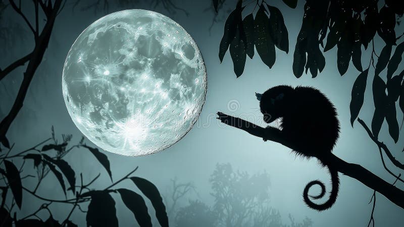 Black Cat Silhouette on Branch, Full Moon, Spooky Night, Halloween ...