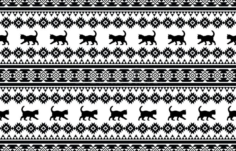 Black Cat Silhouettes on Aztec Geometric Pattern Seamless Repeat Stock ...