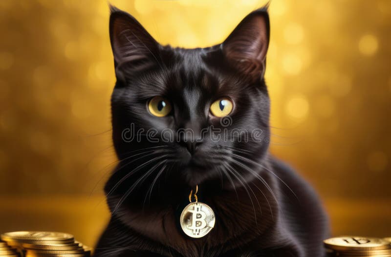 A Black Cat Sits and Laying among Some Gold Cryptocoins Bitcoins. the ...