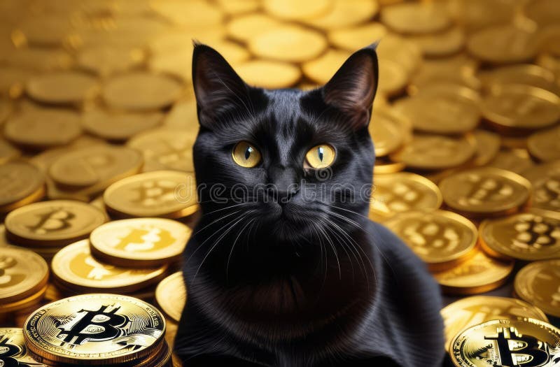 A Black Cat Sits and Laying among Some Gold Cryptocoins Bitcoins. the ...