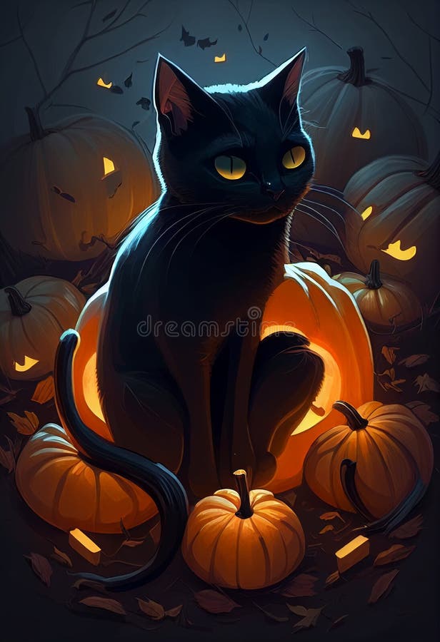 Black Cat Sits on Pumpkins. AI Generated Stock Illustration - Illustration of mystic, autumn ...