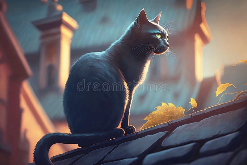 Black Cat Sitting Alone on Top of Roof Stock Illustration ...