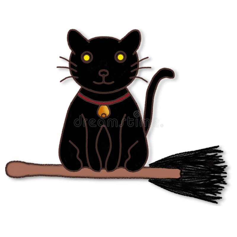 Black cat with broom stock illustration. Illustration of sitting ...