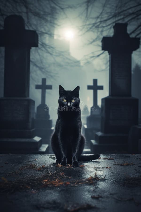 Black Cat Sitting in Cemetery at Night. Cat Staring at Camera ...