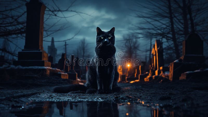 Black Cat Sitting in Cemetery at Night. Cat Staring at Camera ...