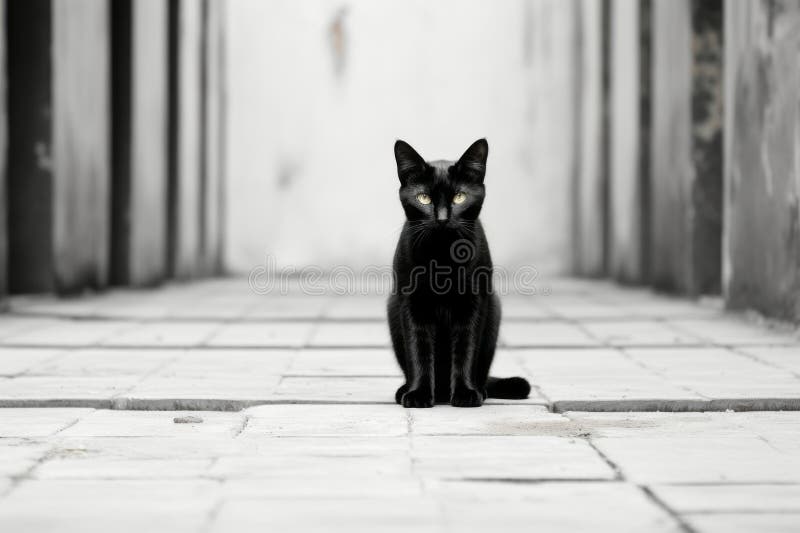 A Black Cat Sitting on the Floor in an Empty Hallway Stock Illustration ...