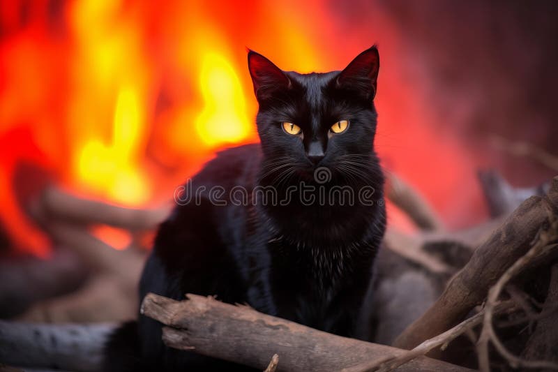 A Black Cat Sitting in Front of a Fire Stock Illustration ...