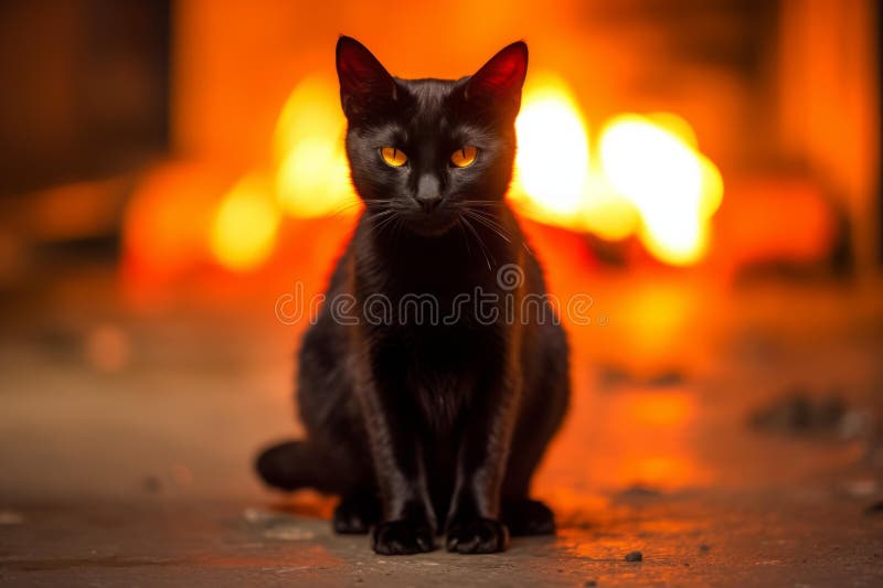 A Black Cat Sitting in Front of a Fire Stock Illustration ...