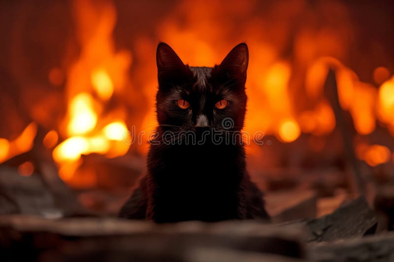 A Black Cat Sitting in Front of a Fire Stock Illustration ...
