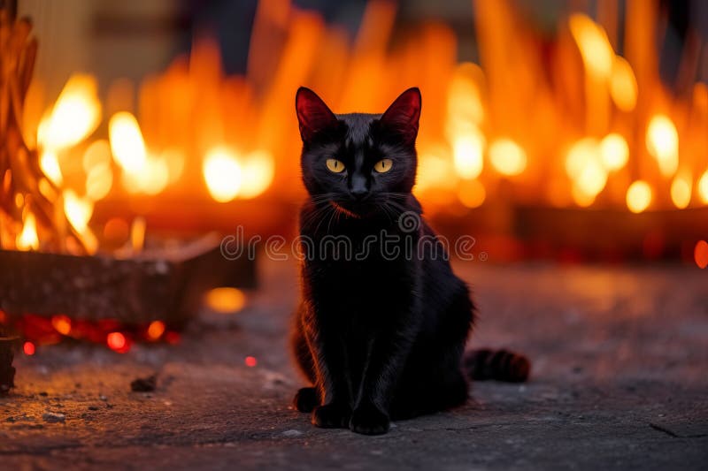 A Black Cat Sitting in Front of a Fire Stock Illustration ...
